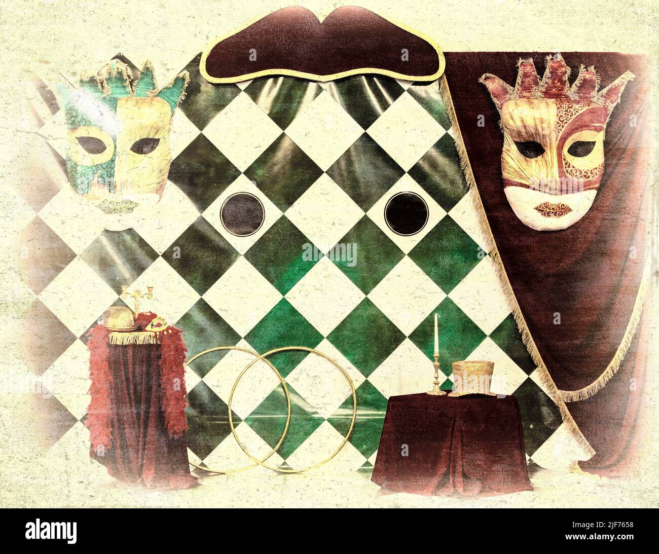 Faded retro circus background with various circus objects. Stage of the ...