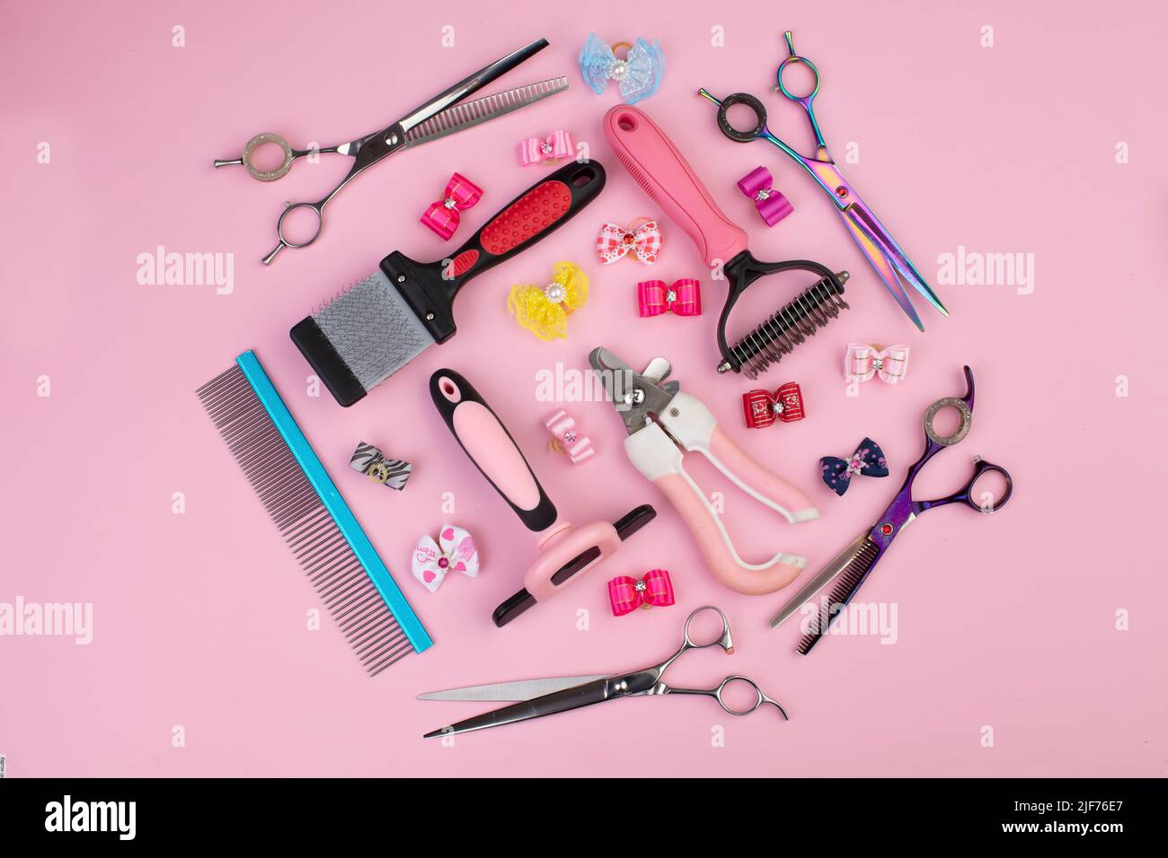 Tool for the groomer on a pink background. Dog grooming accessories ...