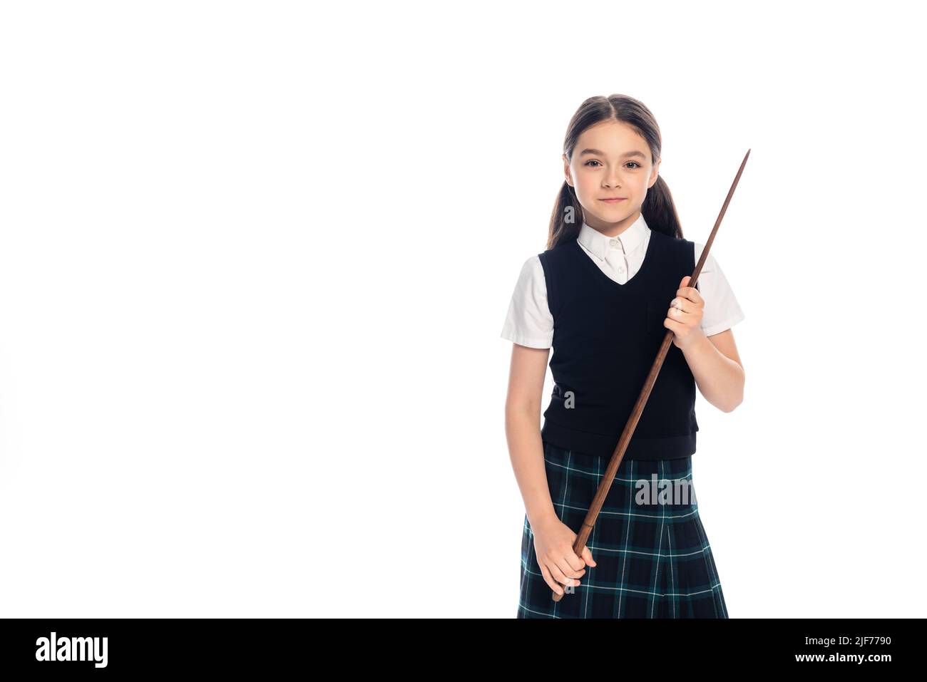 Smiling schoolkid holding pointer isolated on white Stock Photo - Alamy