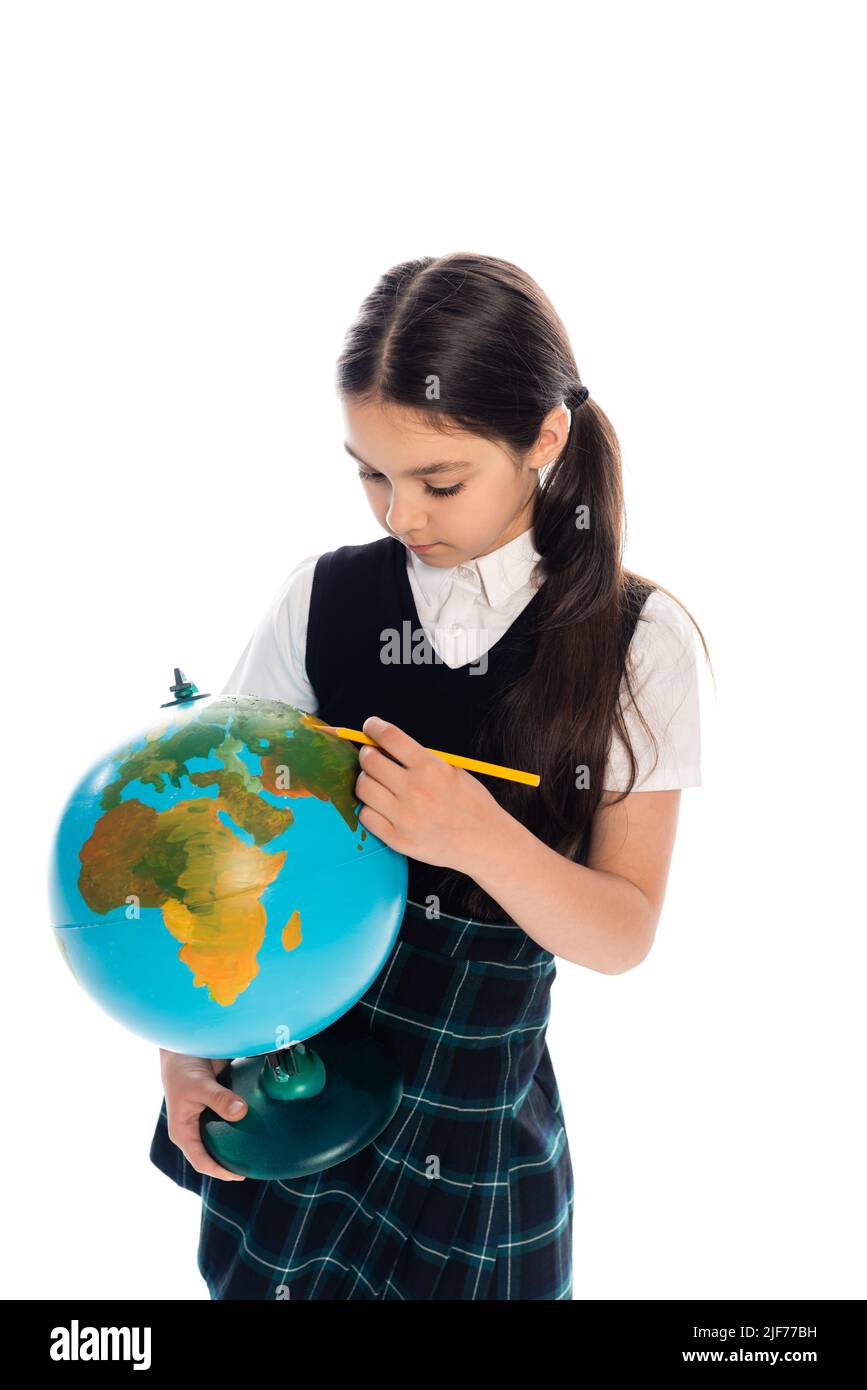 Schoolkid holding pencil near globe isolated on white Stock Photo - Alamy
