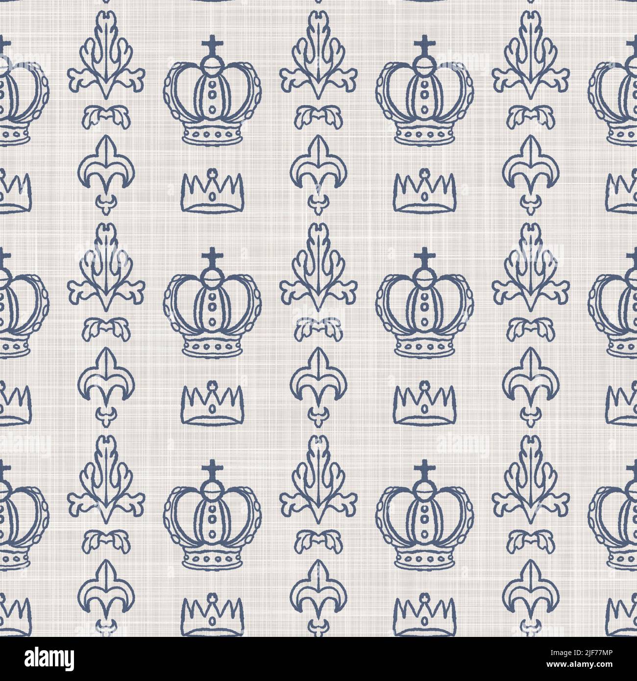 French blue crown motif seamless pattern. Tonal country cottage style ...