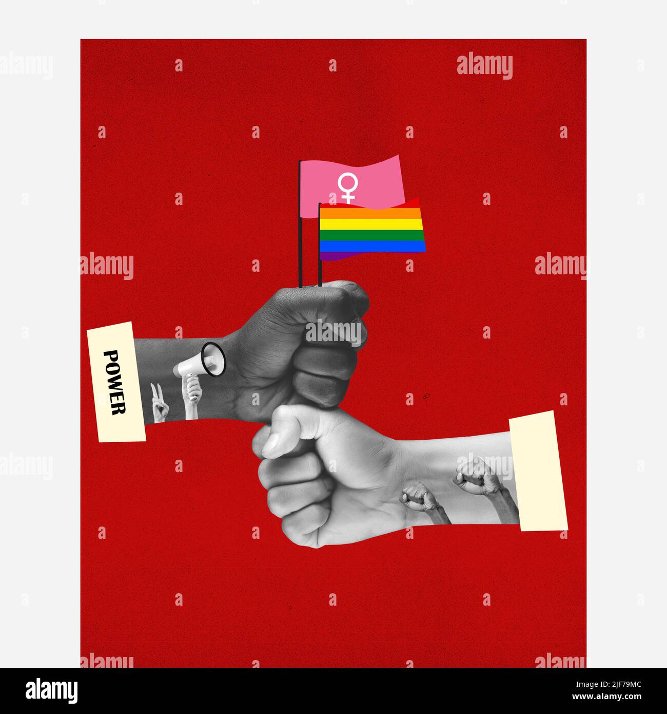 LGBT rights and people equality concept. Hands with LGBT flag over red ...