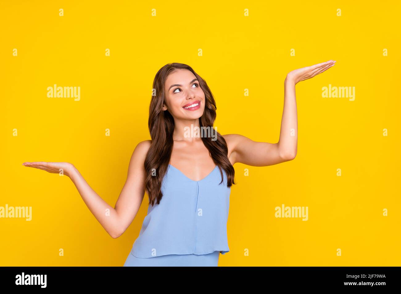 Photo of young woman happy positive smile measure pros cons alternative ...