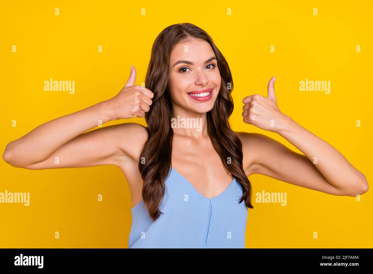 Photo of young woman happy positive smile show thumbs-up feedback ...