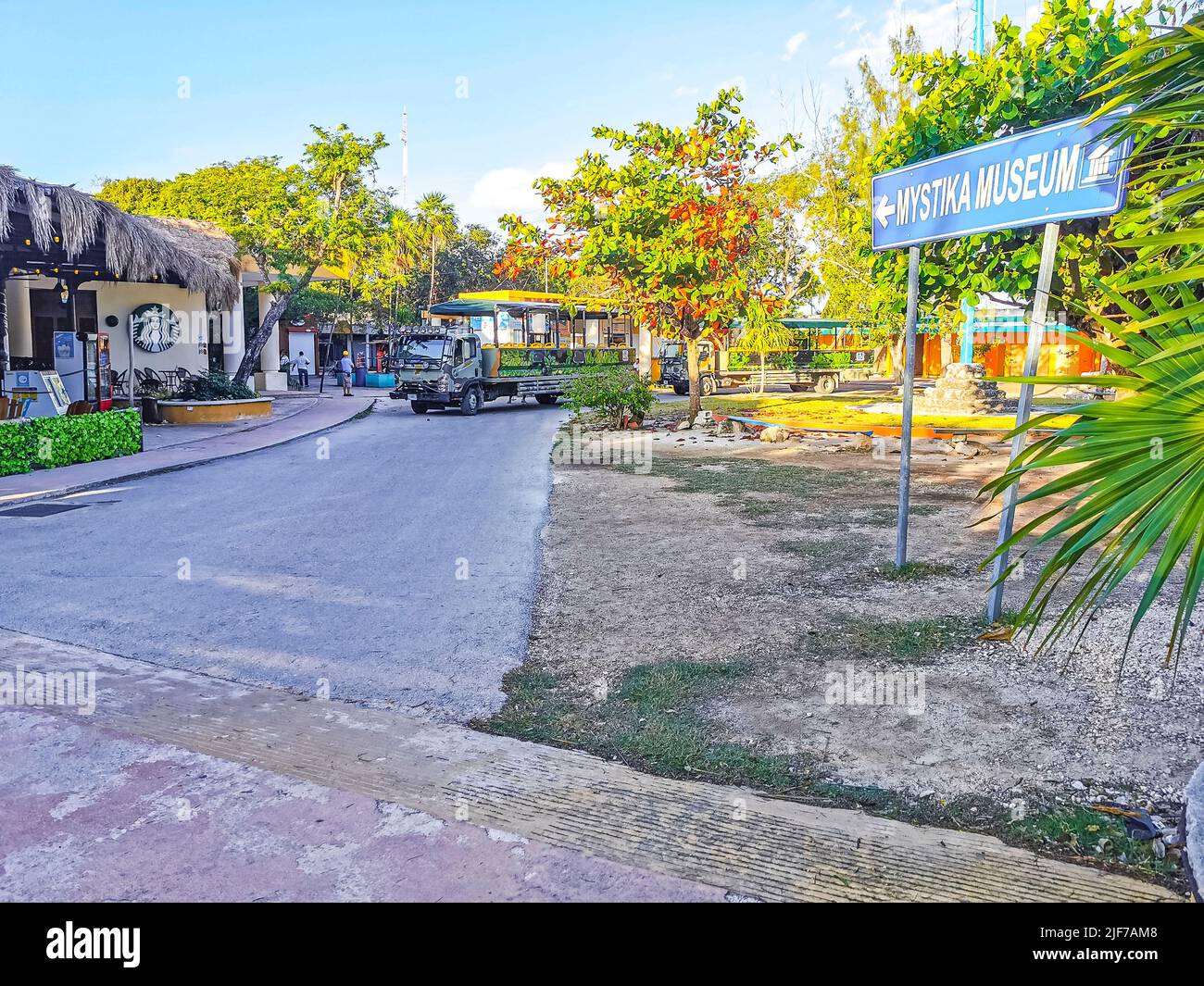 Tulum Mexico 24. February 2022 Driving thru typical colorful street ...