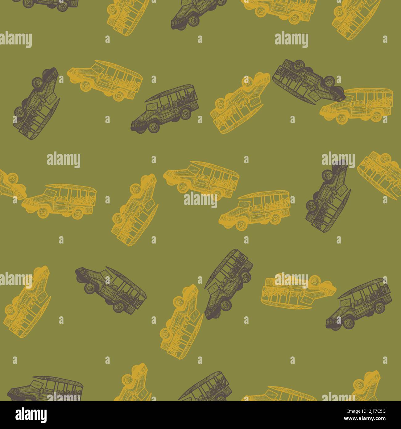Safari bus engraved seamless pattern. Vintage adventure off road car in ...