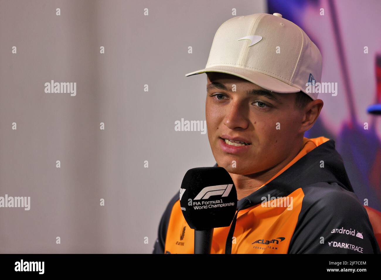 Lando Norris (GBR) McLaren in the FIA Press Conference. British Grand ...