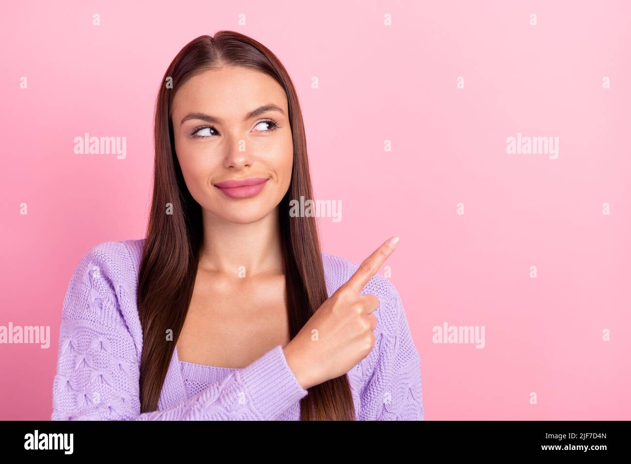 Photo of funny adorable young lady wear violet outfit smiling looking ...