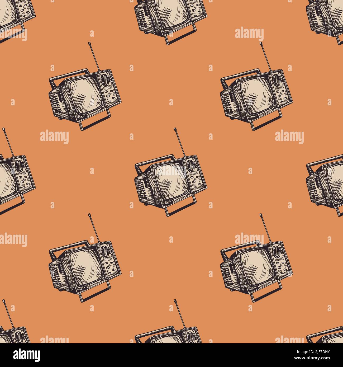 Retro TV engraved seamless pattern. Vintage television with antenna in ...