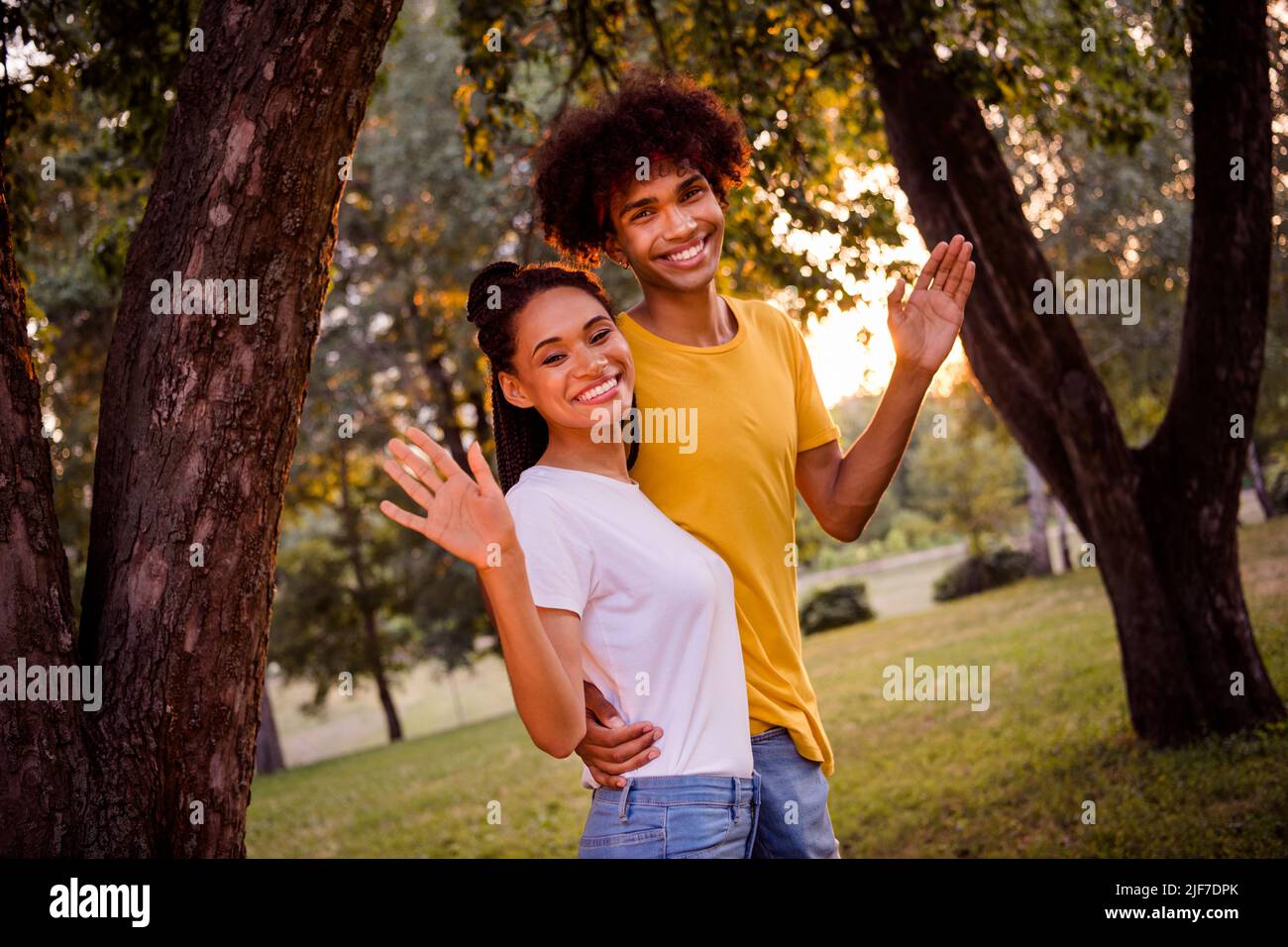 Profile side view portrait of attractive cheerful couple friends ...