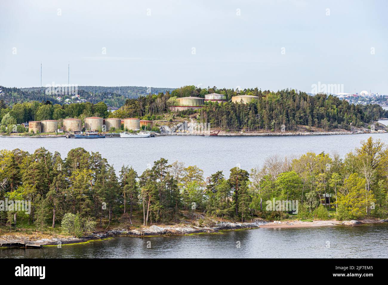 Old oil storage tanks on one of the many islands of the Stockholm ...