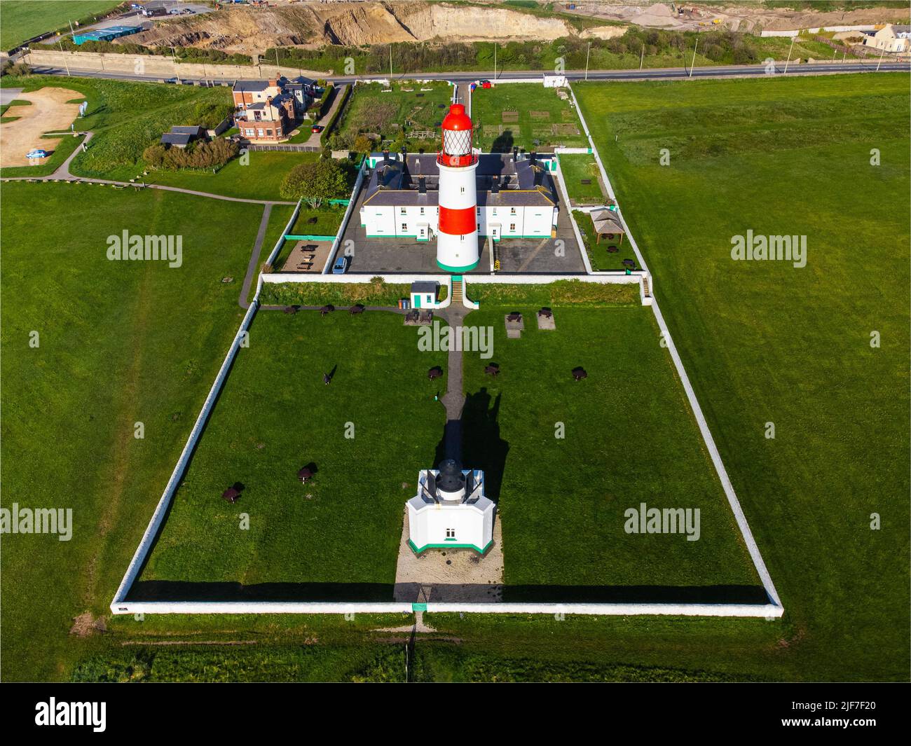 An aerial view of Souter Lighthouse and Sinkhole located near Whitburn ...