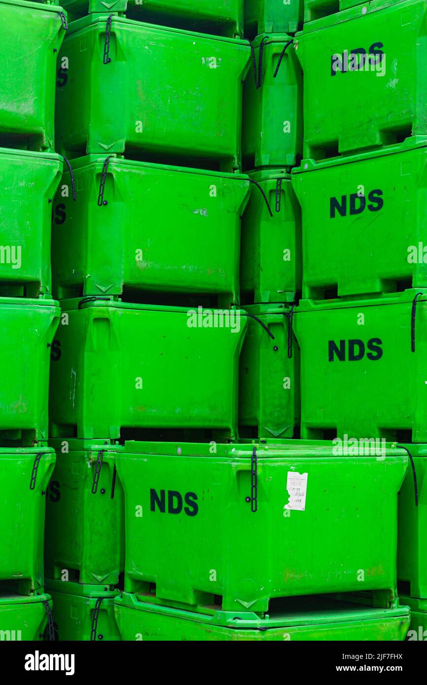 Large stack of empty fresh fish containers ready for use on a Steveston ...