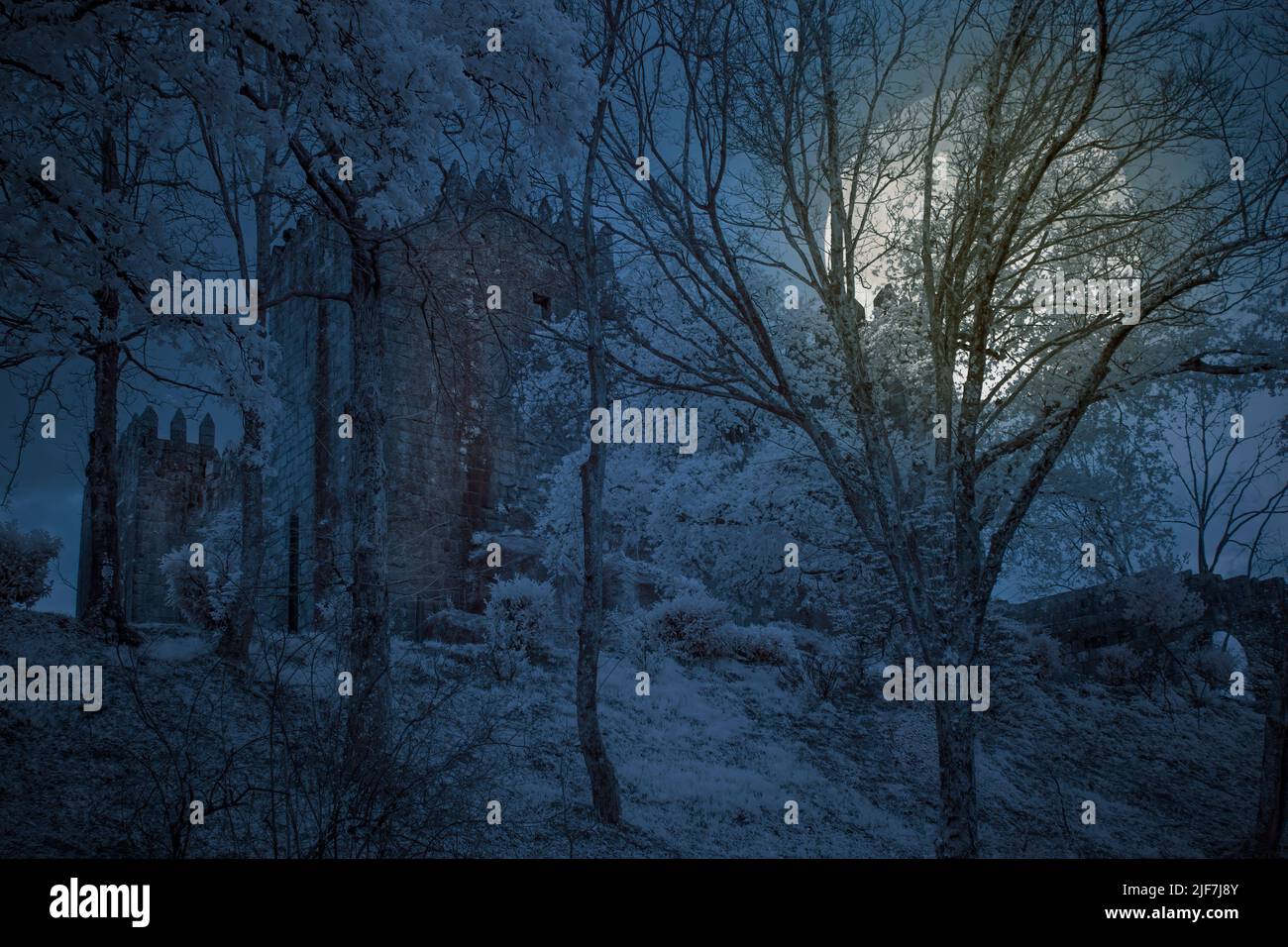 Old european medieval castle in a cloudy full moon night Stock Photo ...