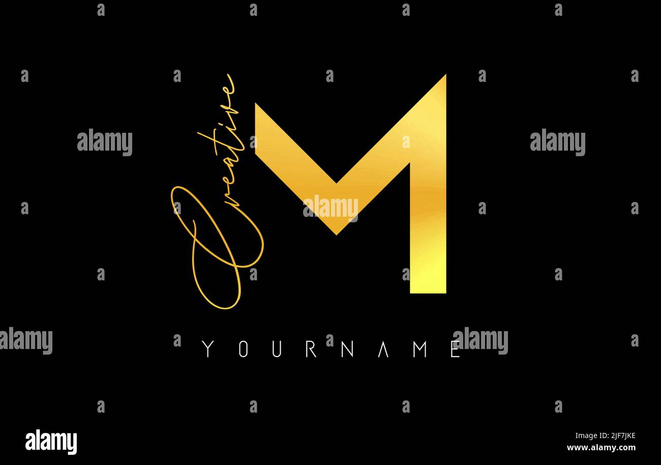 Creative golden M logo with cuts and handwritten text concept design ...