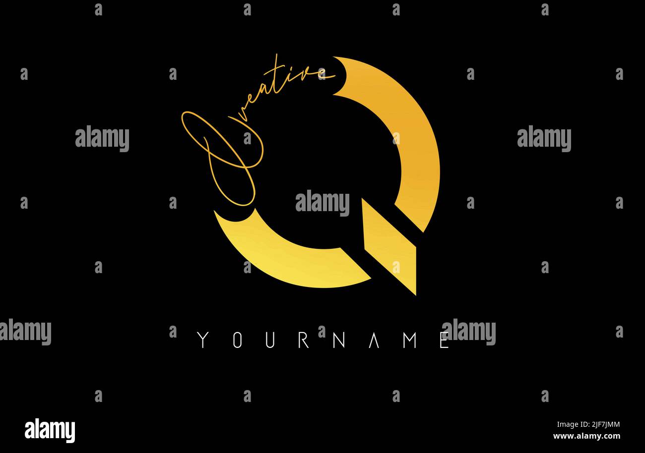 Creative golden Q logo with cuts and handwritten text concept design ...