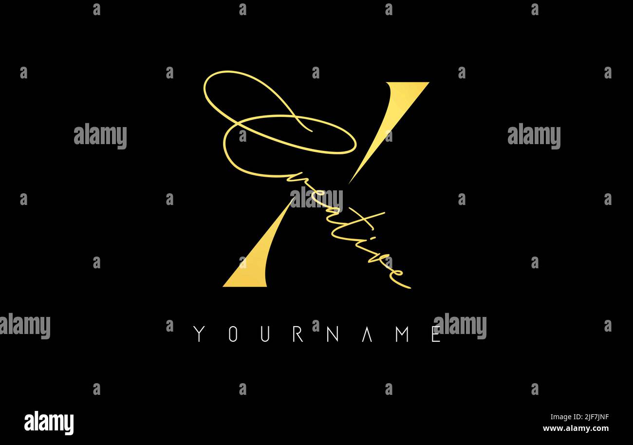 Creative golden X logo with cuts and handwritten text concept design ...