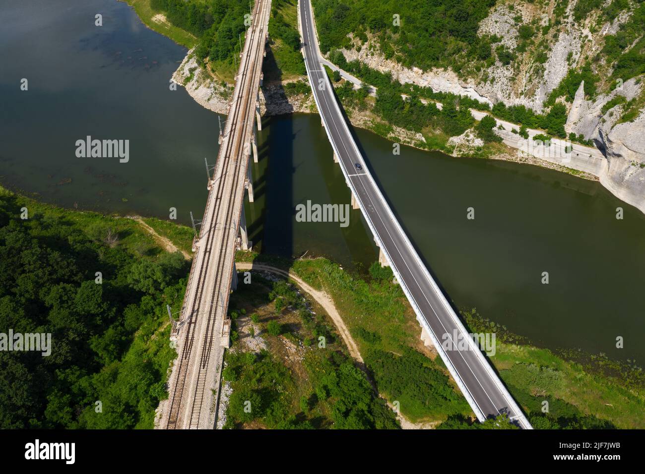 Aerial view to a two bridges over a river Stock Photo - Alamy