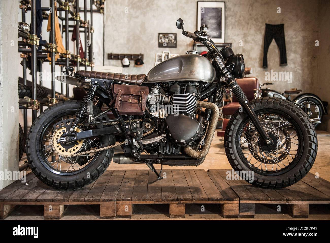 customised motorcycle parked inside custom shop in Bangkok Stock Photo ...