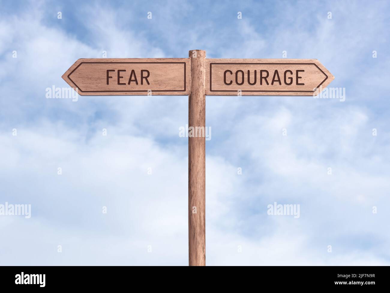 Fear or Courage concept. Words in opposite directions on signpost with ...