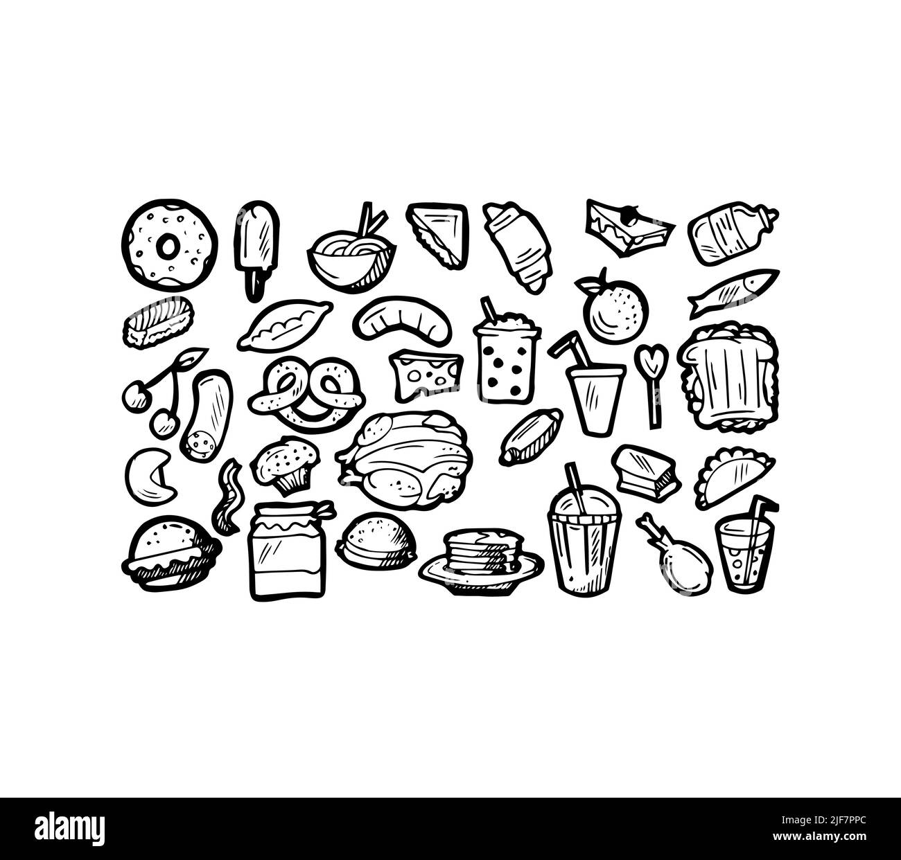Set of food. Baking buns and meat dishes. Hand drawing outline ...