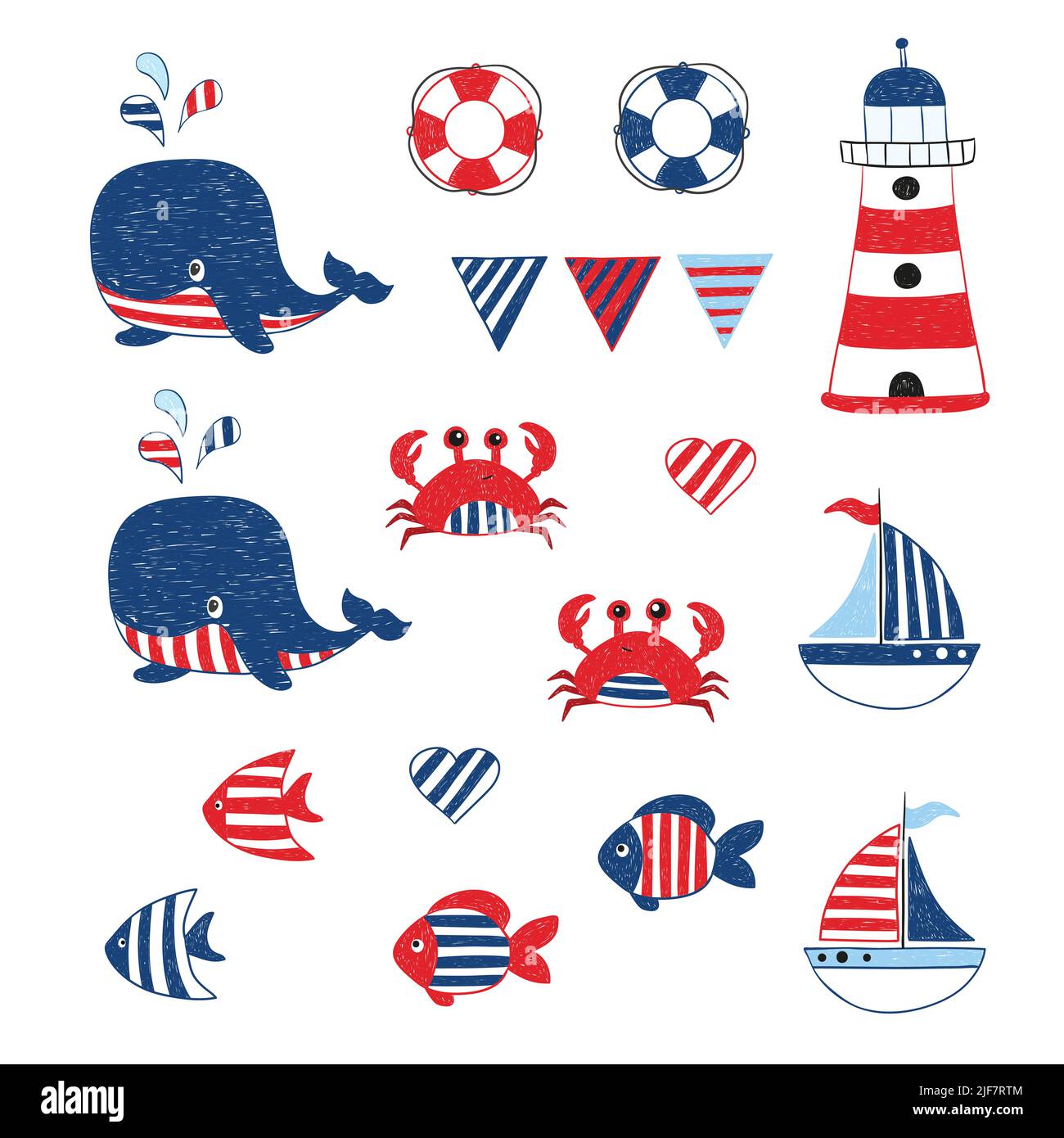 Cute sea set - doodle whale, crab, lighthouse, boat, fish. Marine ...