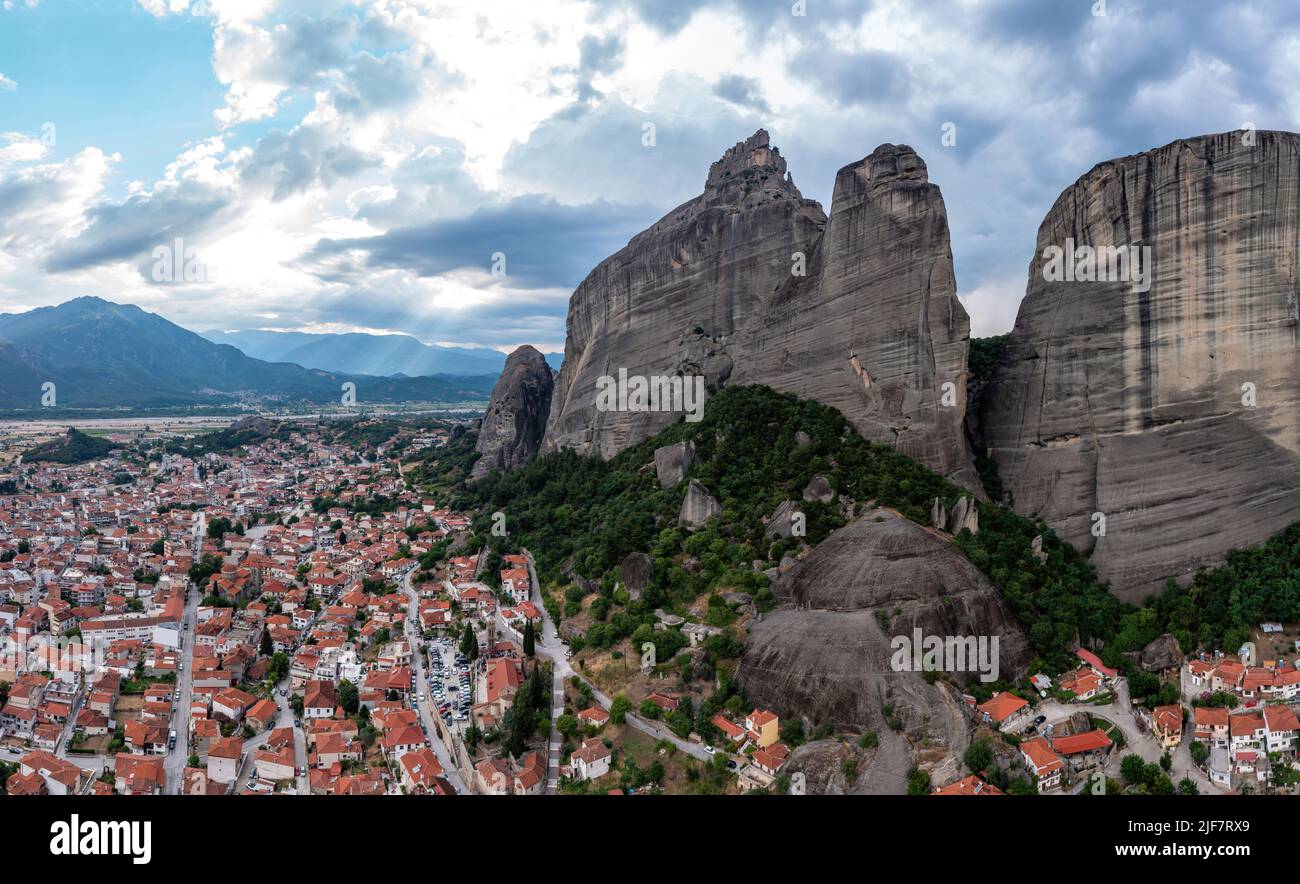 Meteora Greece. Blue sky with clouds over Monastery buildings on top of ...
