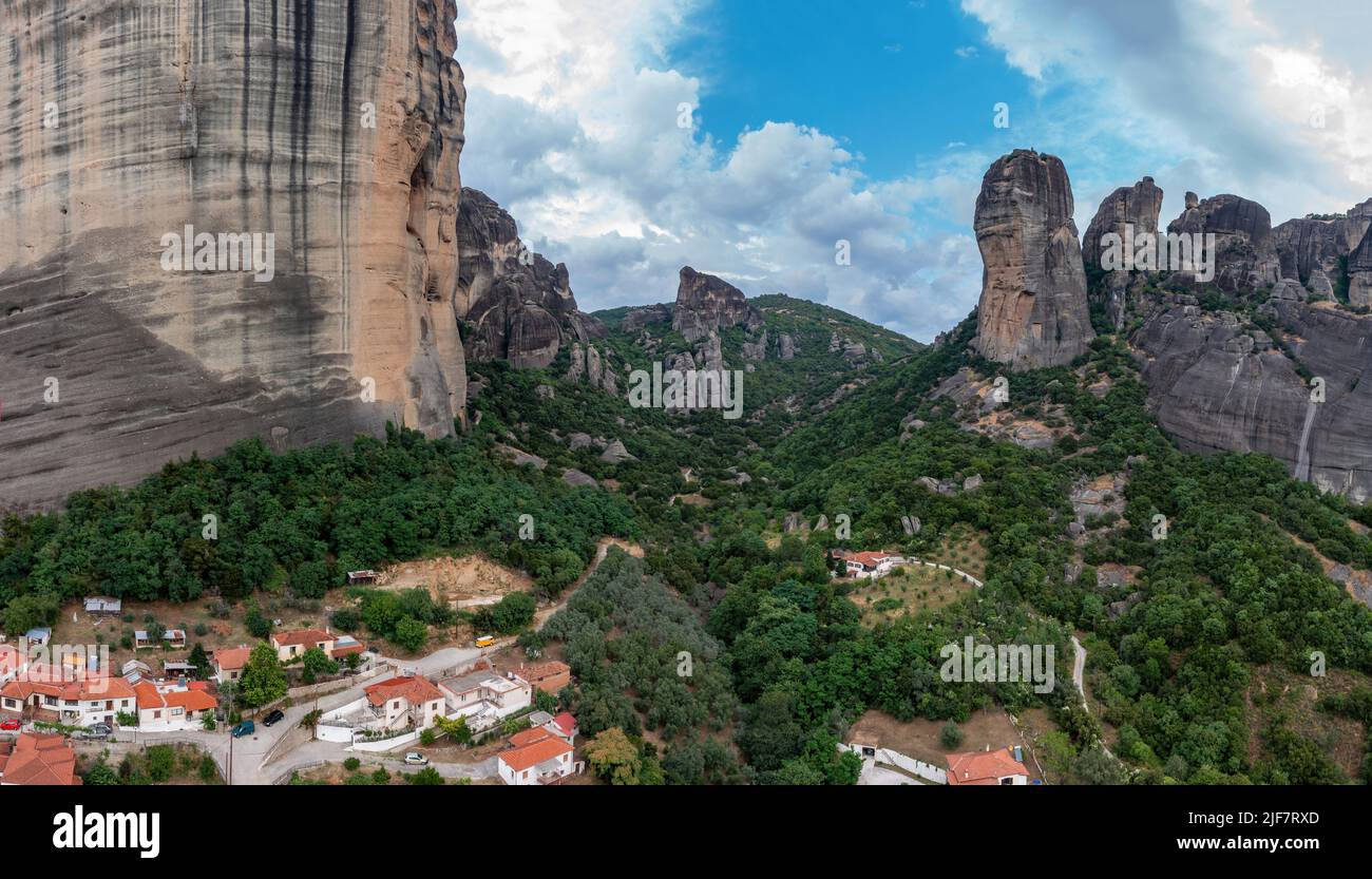 Meteora Greece. Blue sky with clouds over Monastery buildings on top of ...