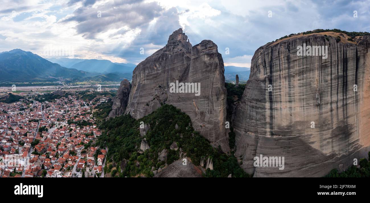 Meteora Greece. Blue sky with clouds over Monastery buildings on top of ...