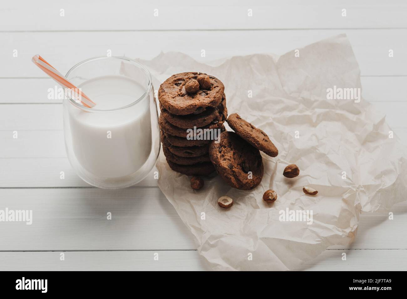 Homemade Cookies and Glass Filled with Milk on the White Table Stock ...