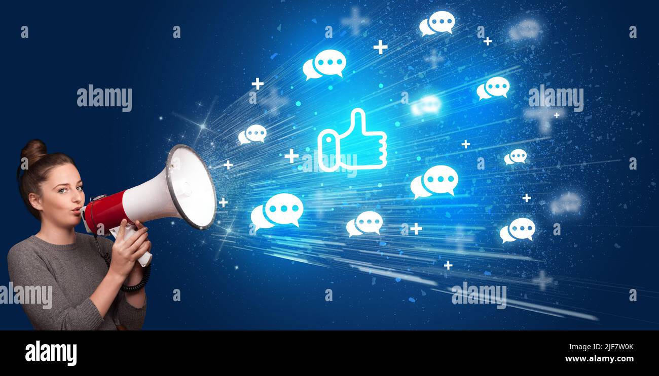 Young person with megaphone and social networking icon Stock Photo - Alamy