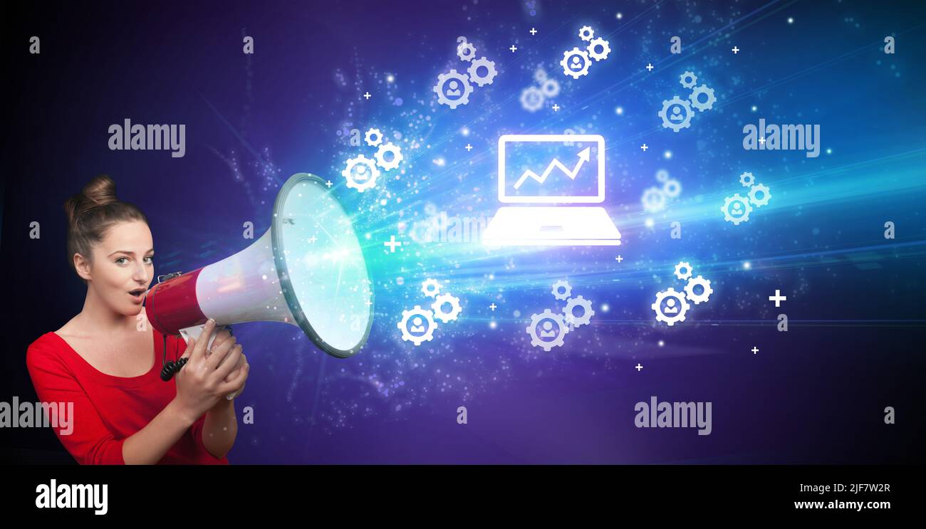 Young person with megaphone and business icon Stock Photo - Alamy