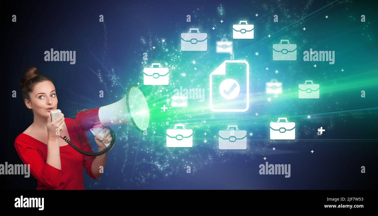 Young person with megaphone and business icon Stock Photo - Alamy