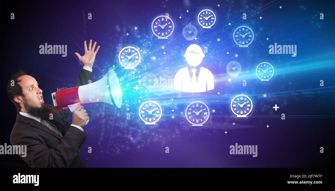 Young person with megaphone and business icon Stock Photo - Alamy