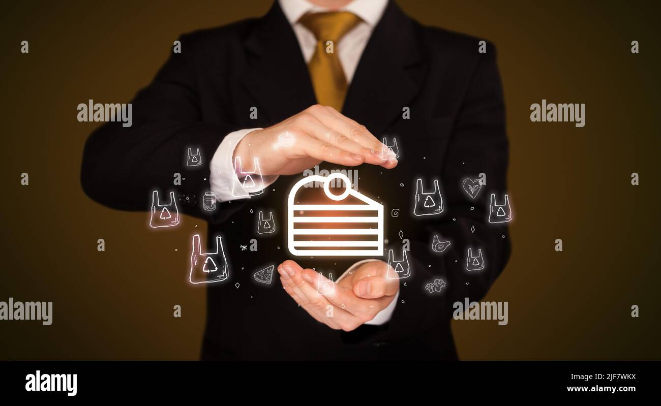 Hand holding food related icons Stock Photo - Alamy