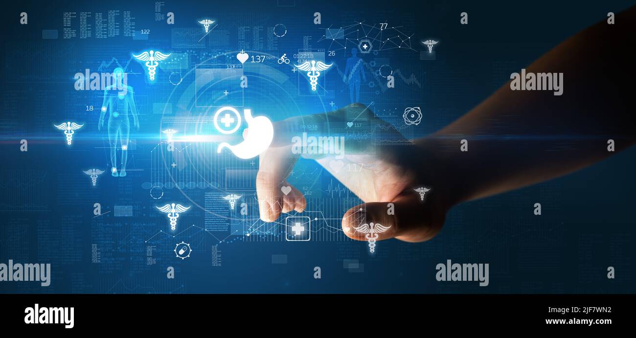 Doctor hand pressing futuristic health device with medical symbol on ...