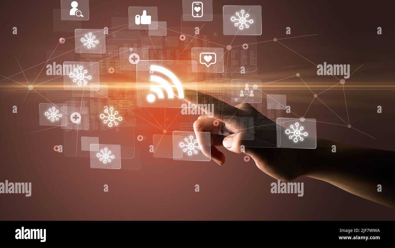 Hand pressing social media multimedia application screen with media ...