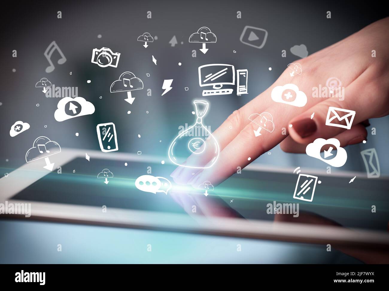 Close-up of a touchscreen with hand drawn icons Stock Photo - Alamy
