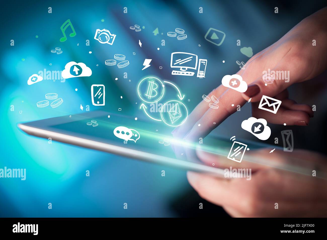 Close-up of a touchscreen with hand drawn icons Stock Photo - Alamy