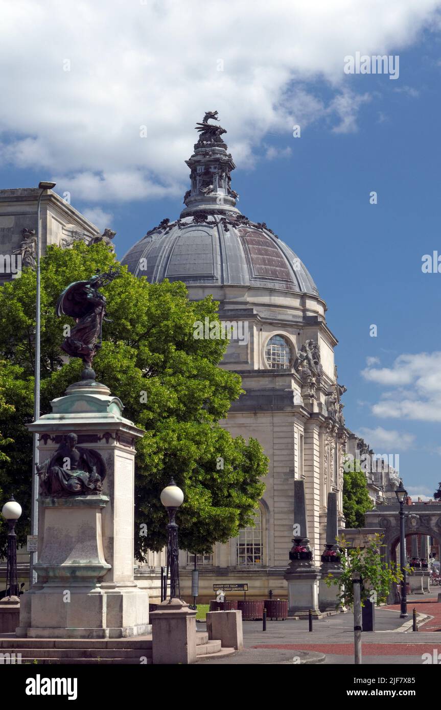 Cardiff City Hall, side view, and dragon domed roof. June 2022, summer ...