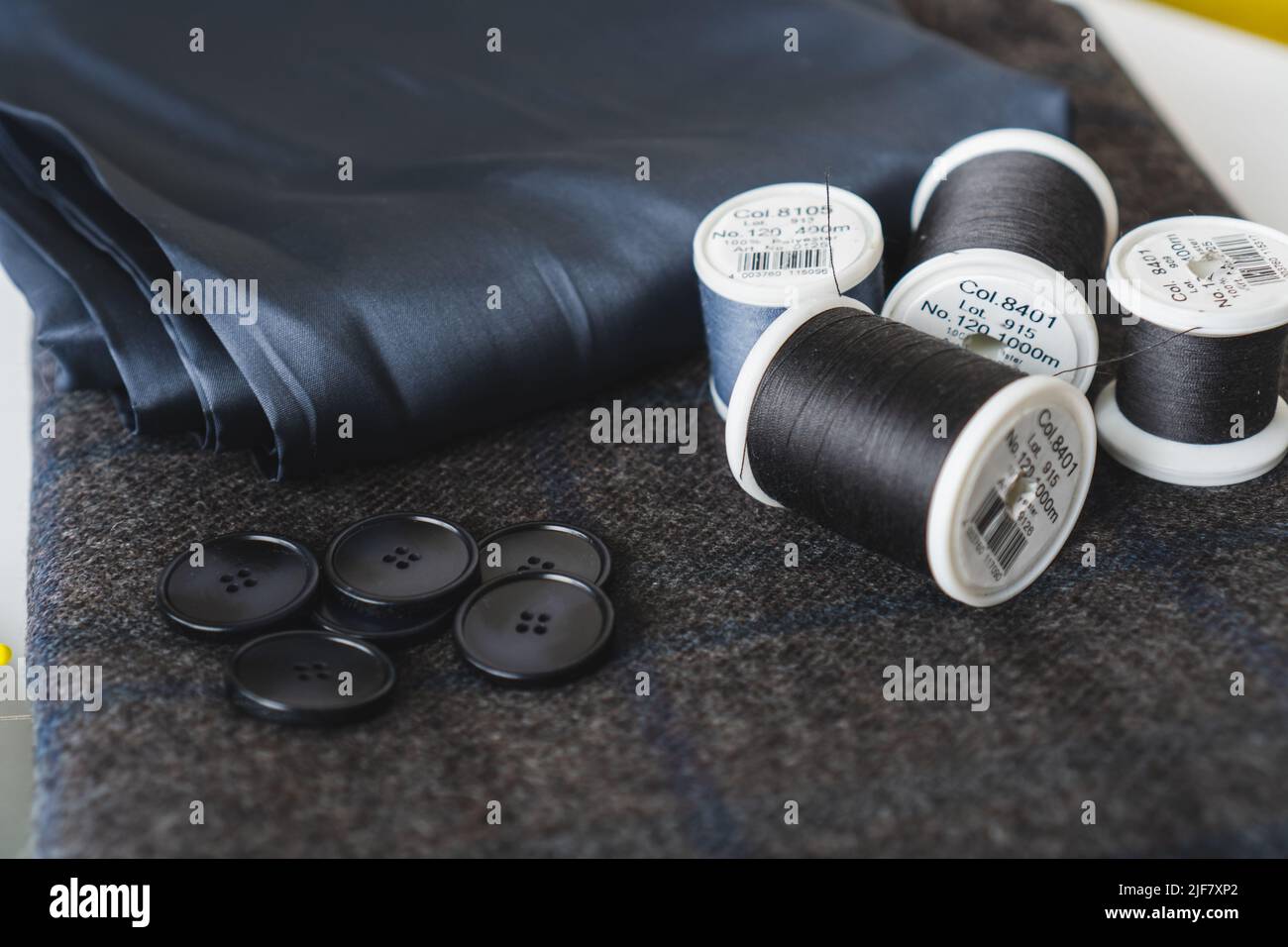 Sewing items and seamstress tools. Tailoring scissors, measuring tape ...