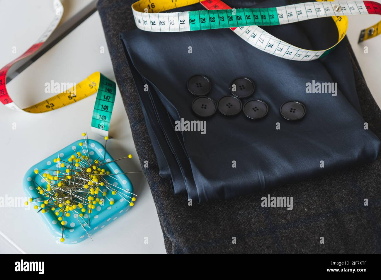 Sewing items and seamstress tools. Tailoring measuring tape, rulers ...