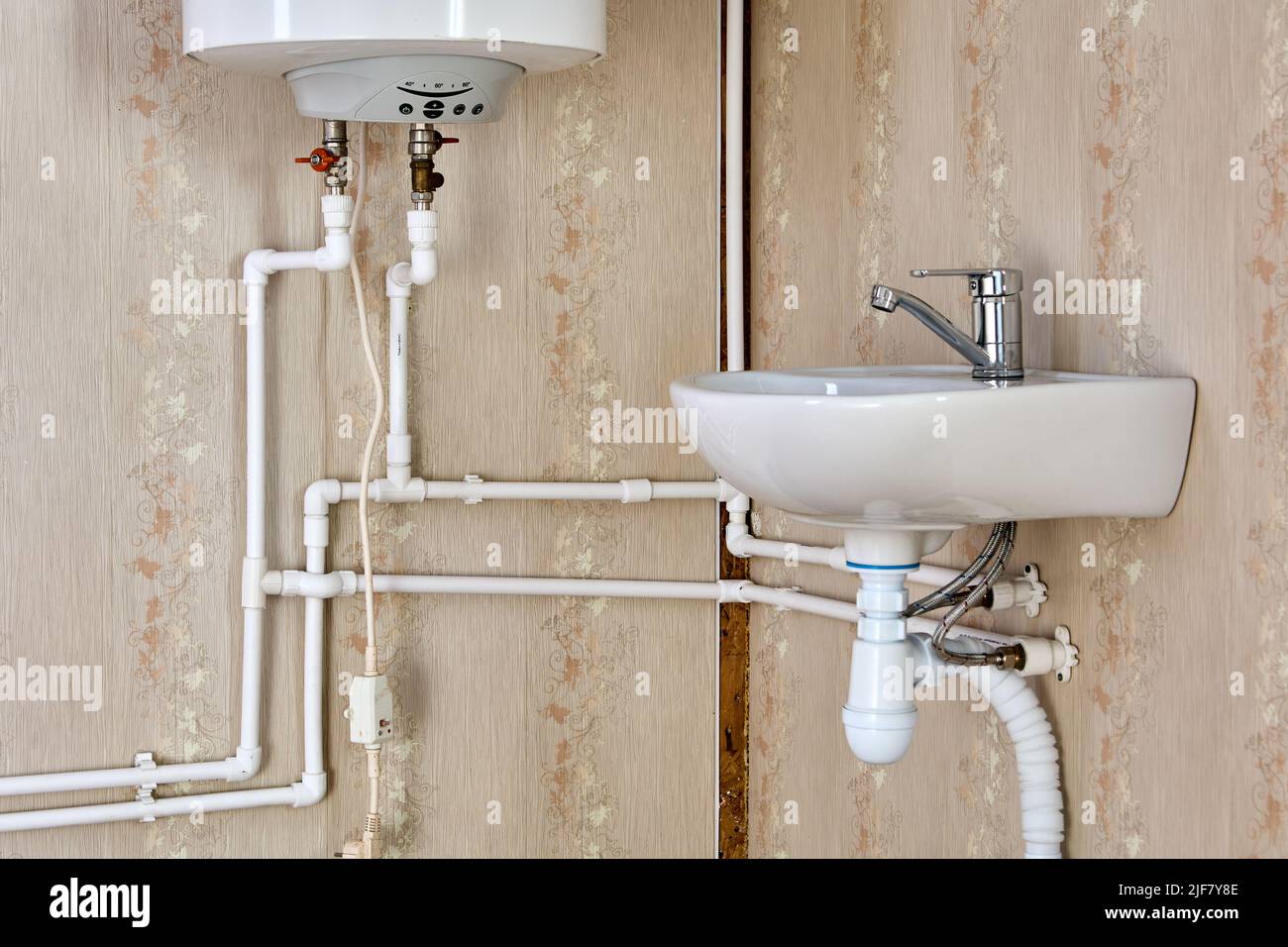 Plumbing pipeline of home water supply with electric water heater tank ...