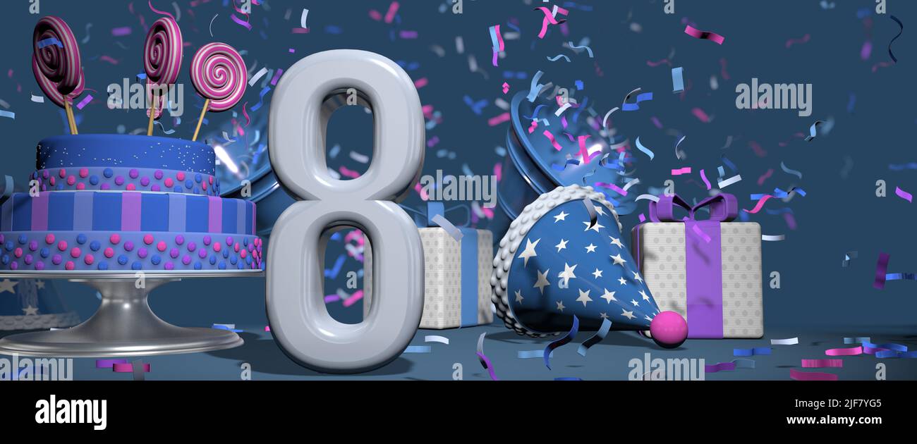 Foreground solid white number 8, birthday cake adorned with candy ...