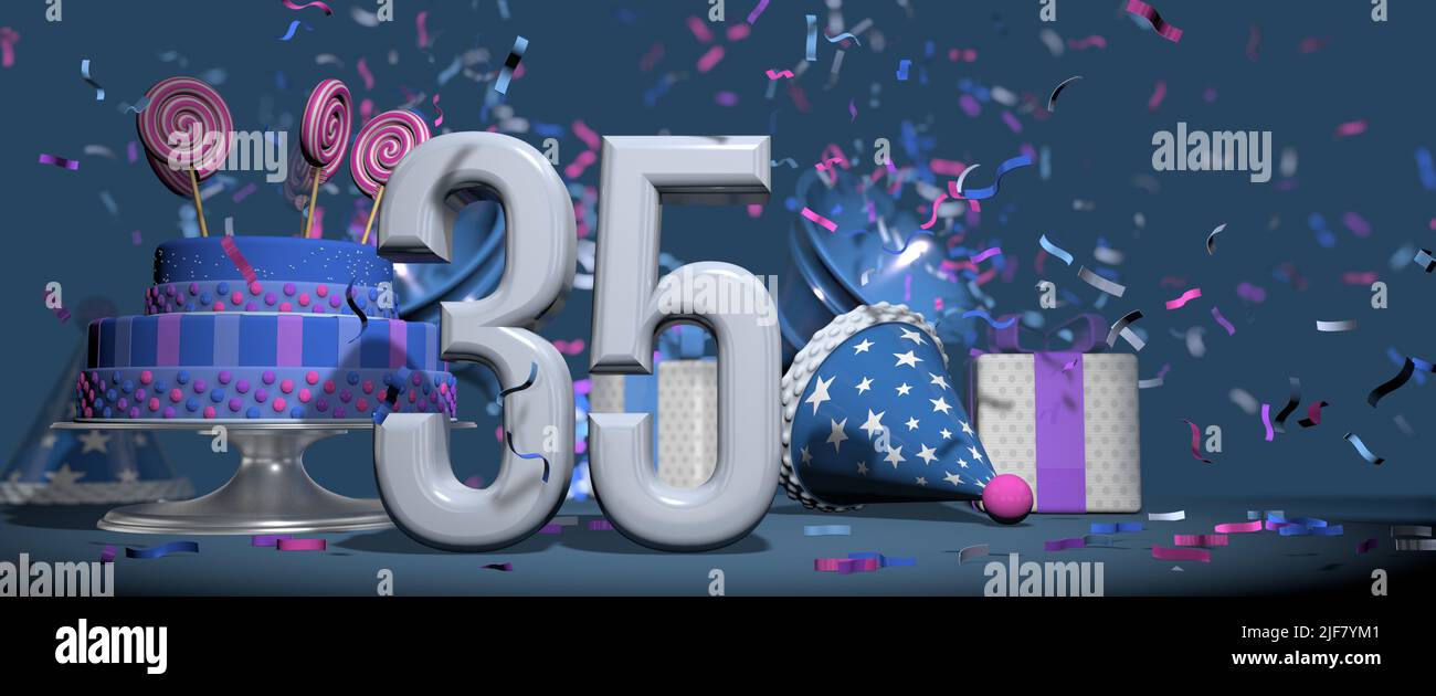 Foreground solid white number 35, birthday cake adorned with candy ...