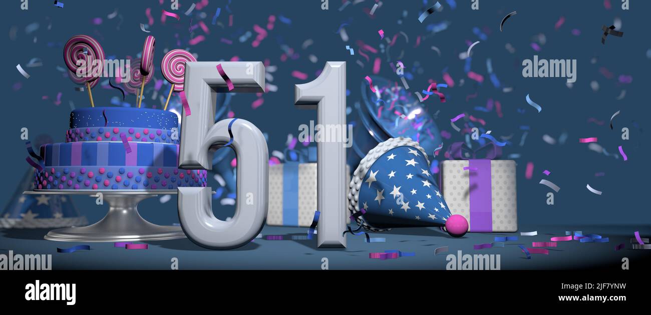 Foreground solid white number 51, birthday cake adorned with candy ...