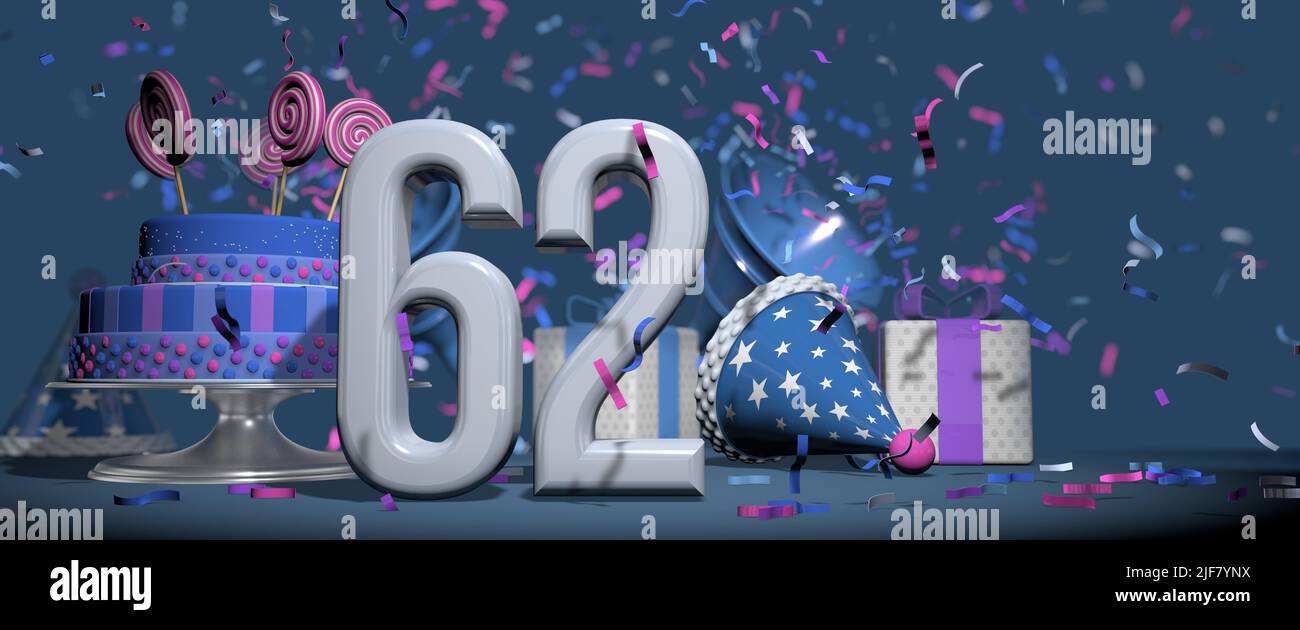 Foreground solid white number 62, birthday cake adorned with candy ...