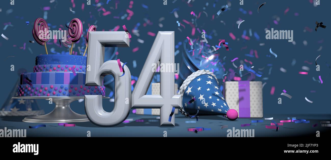 Foreground solid white number 54, birthday cake adorned with candy ...