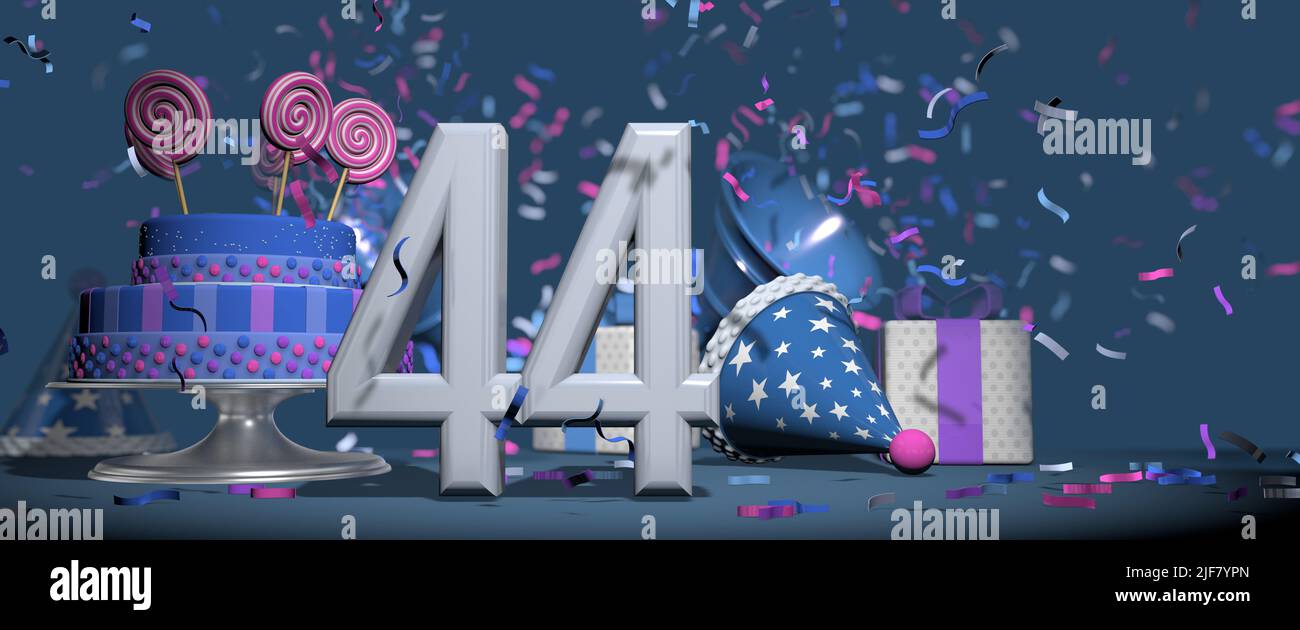 Foreground solid white number 44, birthday cake adorned with candy ...