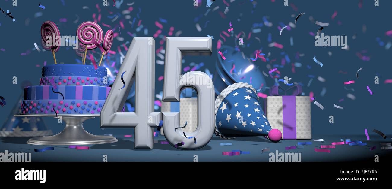 Foreground solid white number 45, birthday cake adorned with candy ...